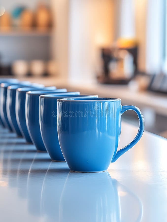 Blue Mugs in a Row on a Glossy Kitchen Counter. Stock Photo - Image of ...