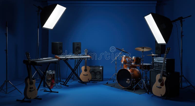 Blue Music Studio Setup with Instruments and Lighting Stock ...