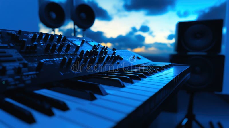 Blue Music Synthesizer Setup with Speakers in Ambient Light and Sky ...