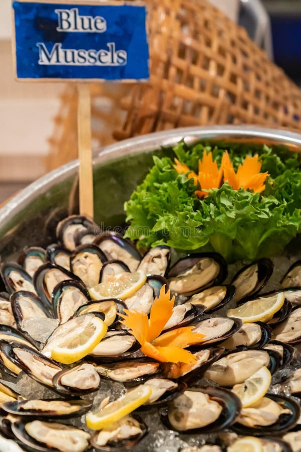 Blue Mussel Seafood on ice stock image. Image of cooking - 150589529