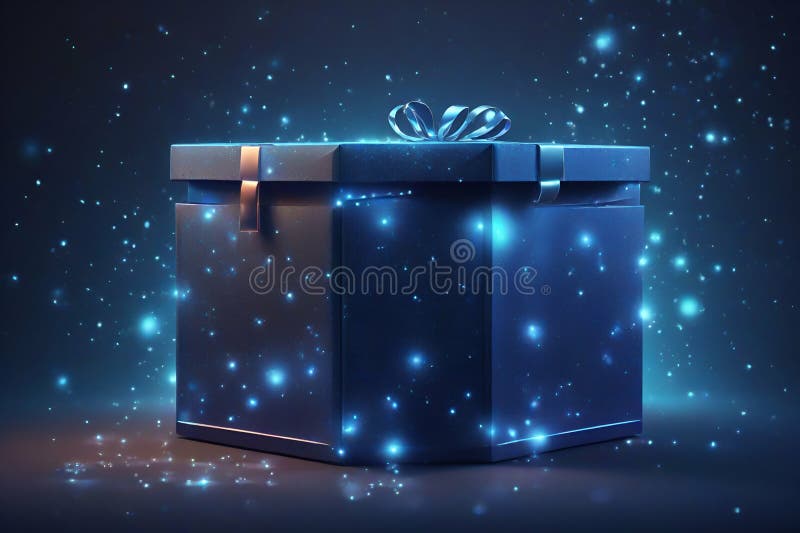 Blue Mystery Box with Illuminated Lighting Glitter on Dark Background ...