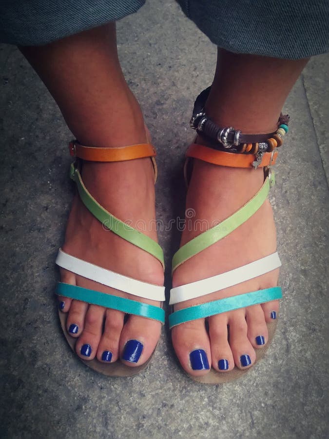 Blue Nails in Colored Sandals Stock Photo - Image of green, foot: 43178588