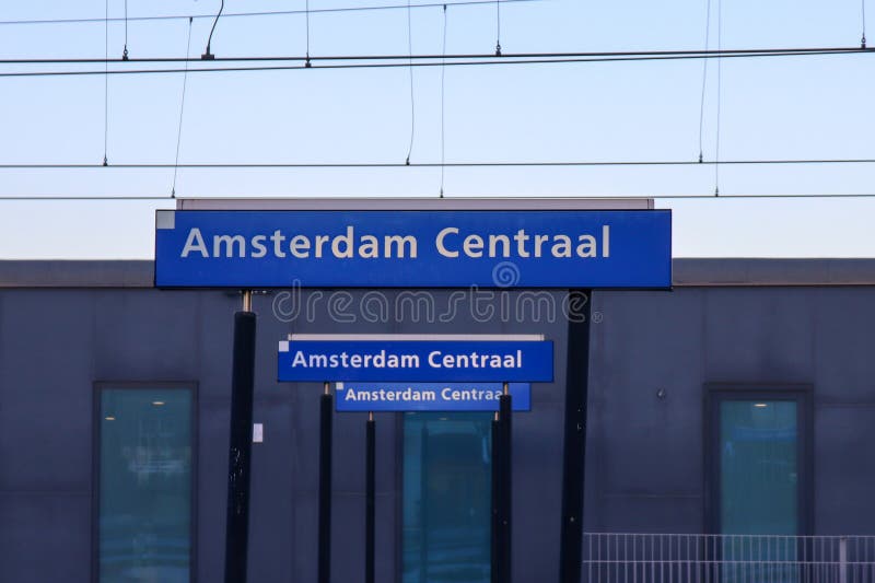 Blue Name Signs on the Platforms at Amsterdam Central Station Stock ...