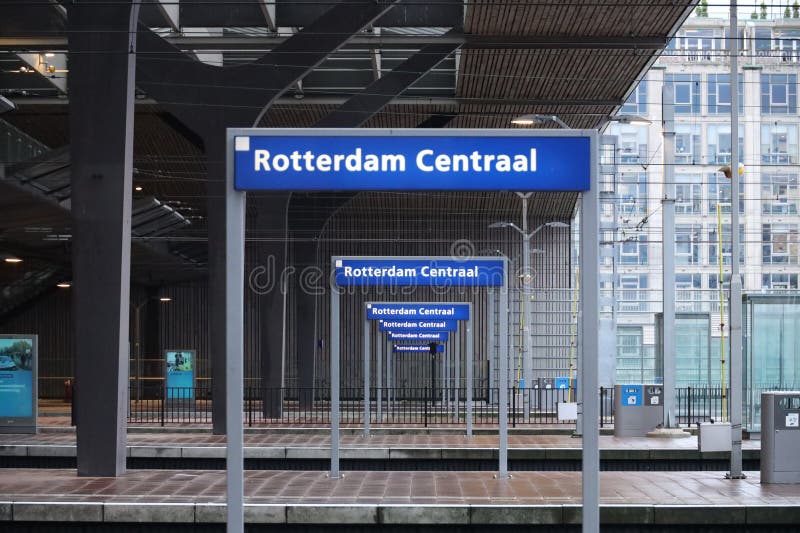 Blue Nameplates on the Platform of Rotterdam Centraal Station Editorial ...