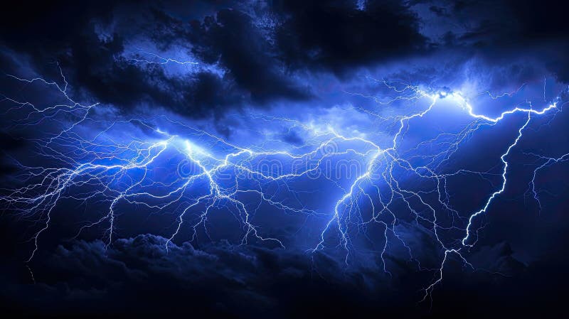 Blue Natural Electric Lightning in Dark Sky at Night, Panorama of ...