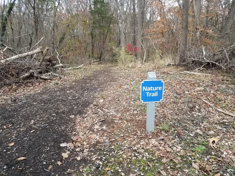 Blue Nature Trail Sign with Trail or Path and Trees Stock Image - Image ...