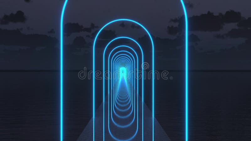 Blue Neon Arch Against the Background of the Night Sky and the Sea ...