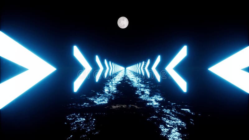 Blue Neon Arrows Line Technology Background Night Moon Sea 3d Stock ...
