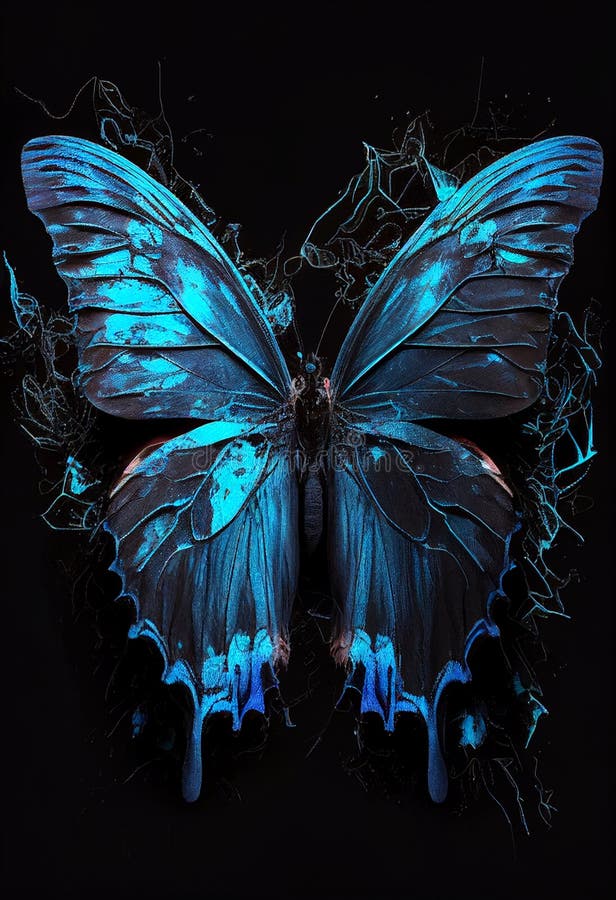 Blue Neon Butterfly on Black Background. AI Generated Stock ...