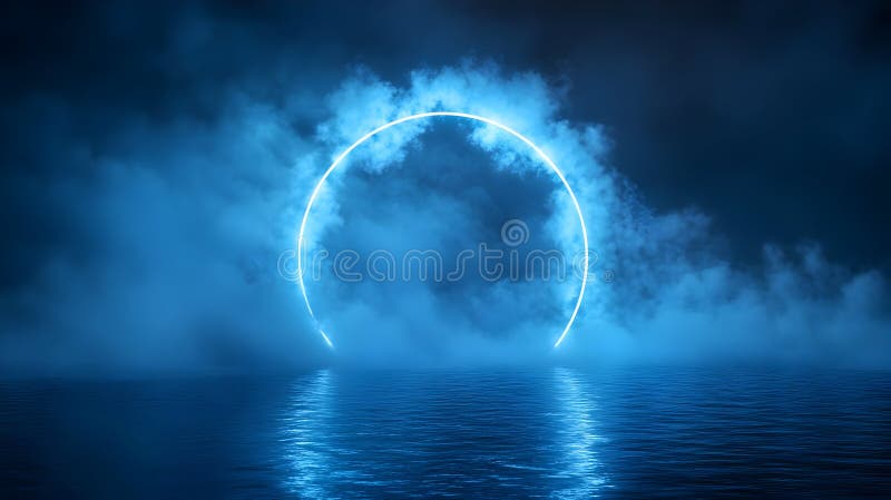 Blue Neon Circle in Fog Over Water 3D Illustration Stock Illustration ...