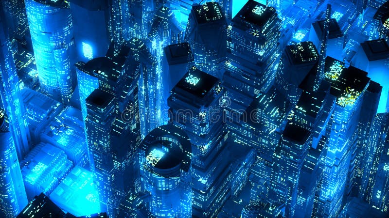Blue Neon City Skyscrapers Modern Technology Concept Stock Illustration ...