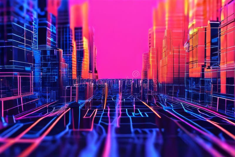 Blue Neon City Skyscrapers Modern Technology Concept Flat Vector ...