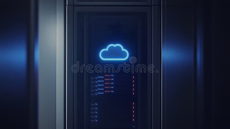 A Blue Neon Cloud Icon Illuminates a Server Rack, Symbolizing Digital ...