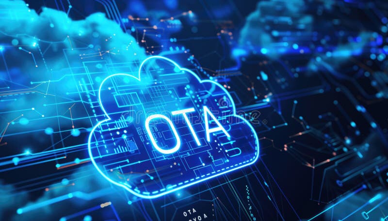 Blue Neon Cloud Symbol with OTA Text on Digital Circuit Background ...