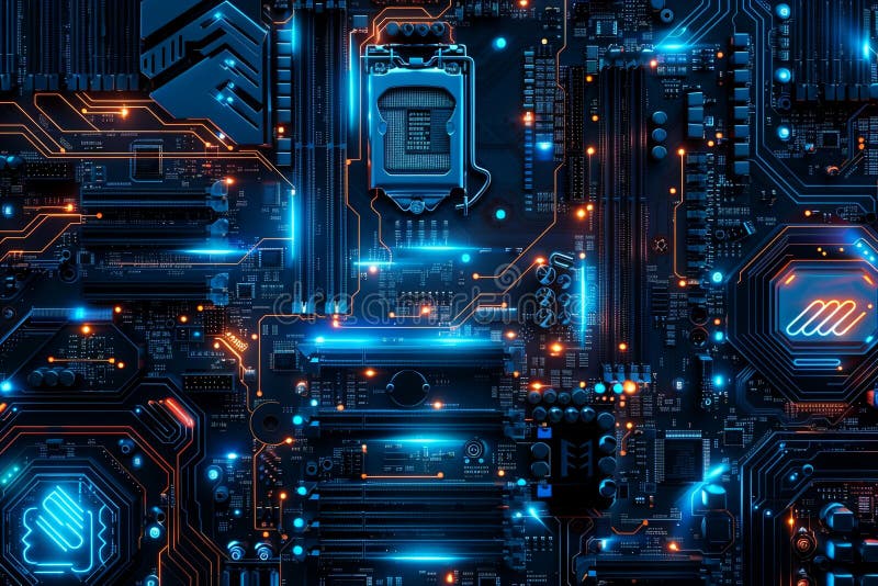 Blue Neon Computer Motherboard Background Technology Design Stock ...