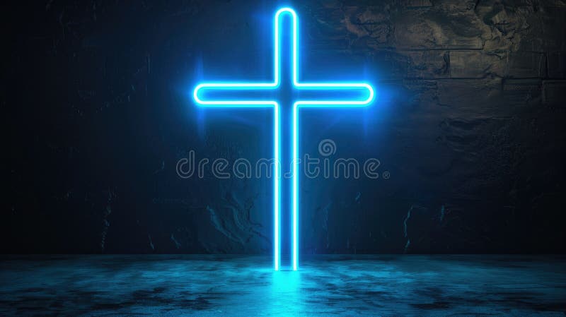 A Blue Neon Cross Lit Up in a Dark Room, Providing a Beacon of Light ...
