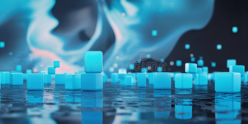 Blue Neon Cubes Reflective Floor Abstract Background Stock Photos ...