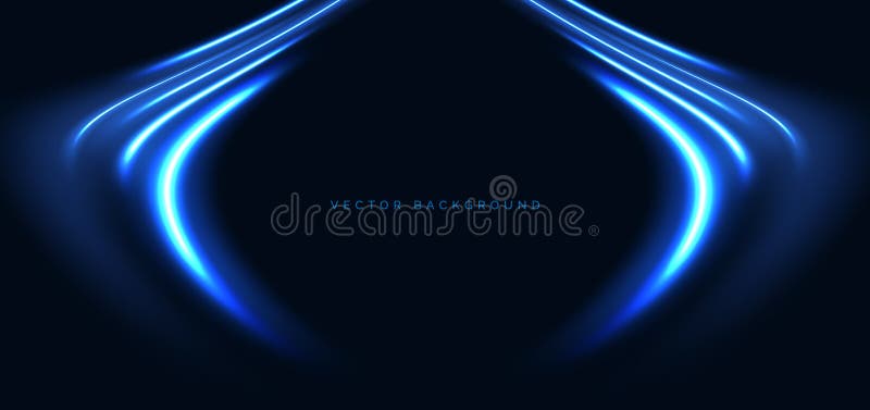 Blue Neon Curved Rays Glowing on Dark Blue Background. Speed Motion ...