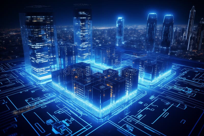 Blue Neon Electronic High-building Construction by Generative AI Stock ...