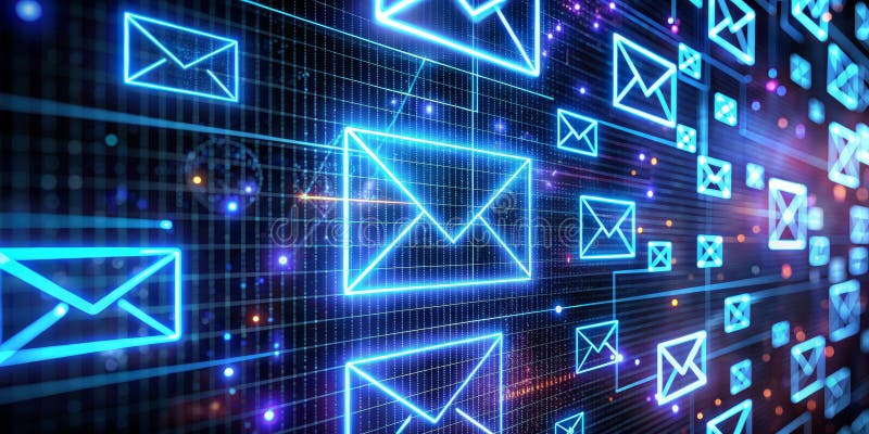 Blue Neon Email Icons on Digital Grid - Futuristic Communication ...