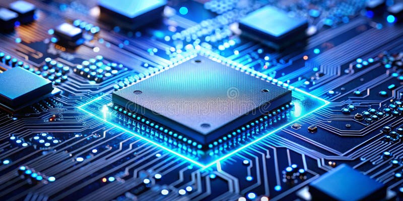 Blue Neon Glow a Close-up of a Microchip on a Circuit Board ...