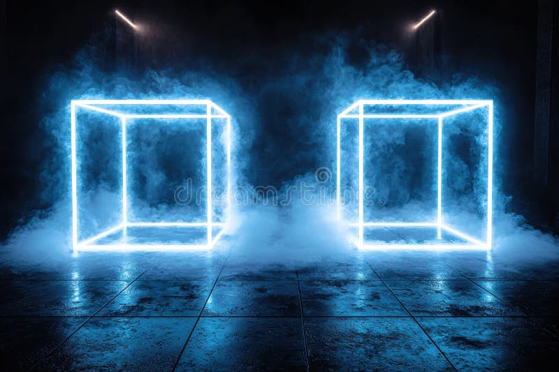 Blue Neon Glowing Cube Shapes with Atmospheric Fog in a Dark Space ...