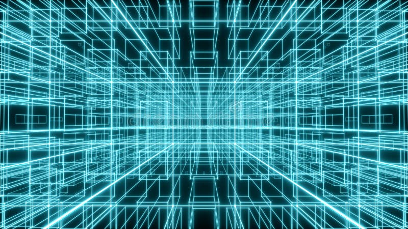 Blue Neon Glowing Cubes 3d Rendering Stock Illustration - Illustration ...