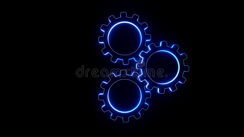 Blue Neon Glowing Interlocking Cog Wheels on Dark Futuristic Background ...