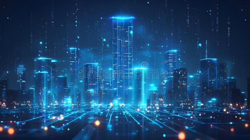 Blue Neon Grid: the Veins of a Smart City. Concept Technology, Urban ...