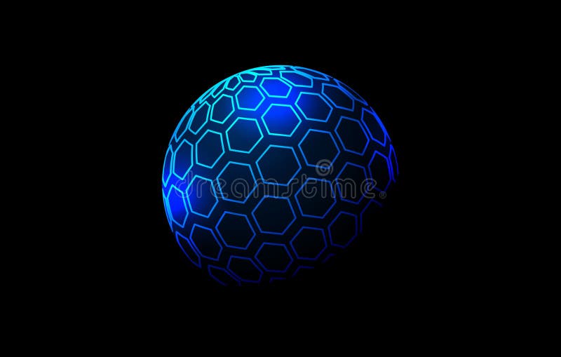 Blue Neon Hexagon Pattern Sphere. 3d Halftone Hemisphere Concept. Grid ...