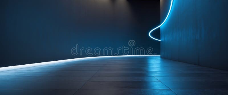 Blue Neon Light Arc on Dark Wall with Floor Reflection Effect. Stock ...