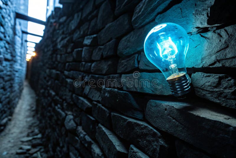 Blue Neon Light Bulb on Black Stone Wall Stock Illustration ...