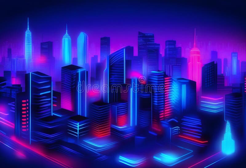 Blue Neon Light City Background Stock Illustration - Illustration of ...