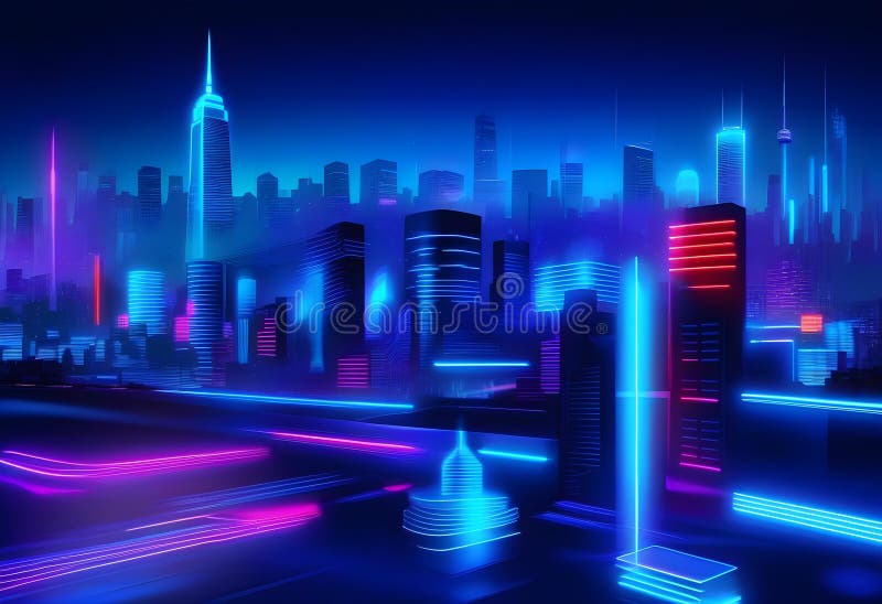 Blue Neon Light City Background Stock Illustration - Illustration of ...