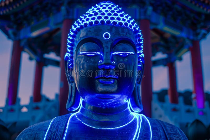 Blue Neon Light Illuminating Buddha Statue Face Stock Image - Image of ...