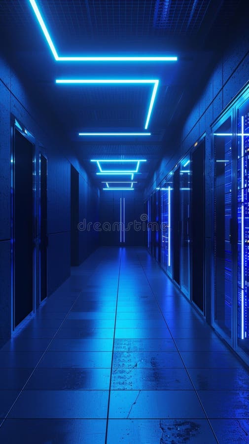 Blue Neon Lights Accentuate a High-tech Network Server Environment ...