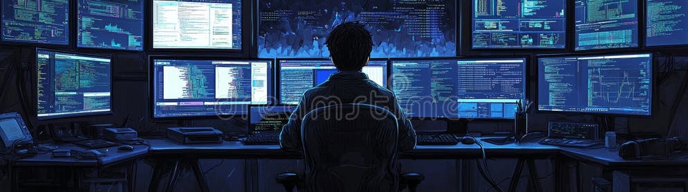Blue Neon Lights Illuminate a Hacker at His Computer As he Codes Stock ...