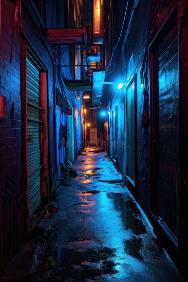 Blue Neon Lights Illuminating Dark Alley Stock Illustration ...