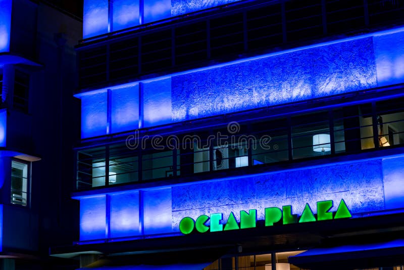 Blue Neon Lights Miami Beach Ocean Drive Art Deco Editorial Photo ...