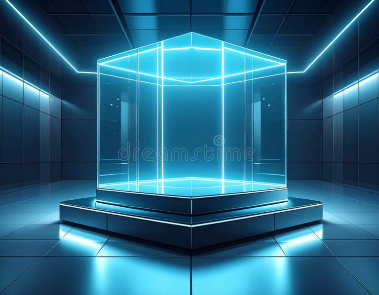 Blue Neon Lit Glass Cube on Dark Platform Stock Illustration ...