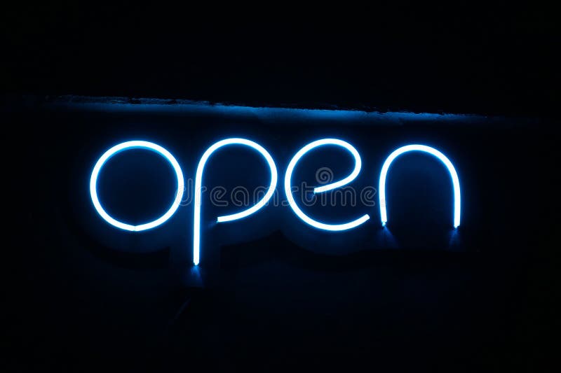 Blue Neon Night Plate with the Inscription Open Stock Photo - Image of ...