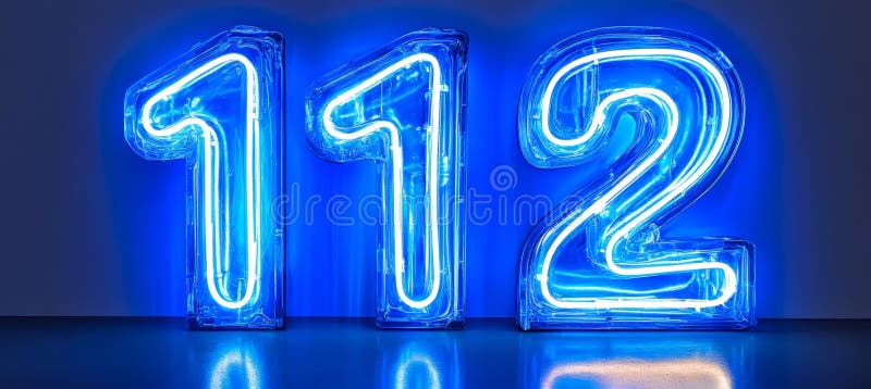 Blue Neon Number One Hundred and Twelve 112 Isolated on Concrete ...