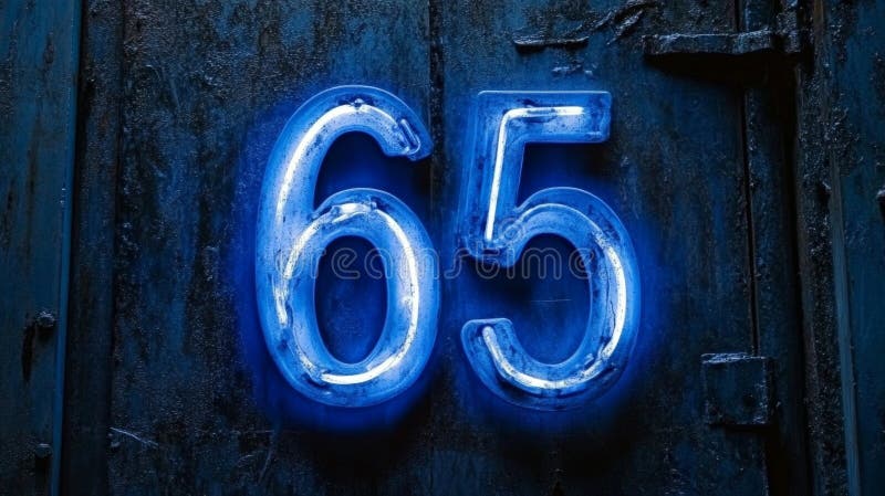 Blue Neon Number Sixty Five, 65, on Dark Grunge Background with Copy ...