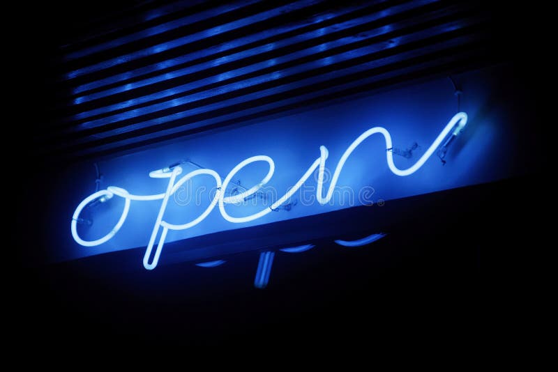Blue Neon Open Sign Illuminating Under the Dark. Conceptual Image Shot ...