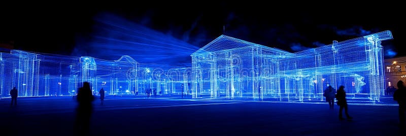 Blue Neon Outline of Architectural Building in Digital Network Style at ...
