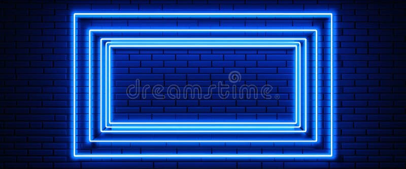 Blue Neon Rectangular Frame As Light Glowing Border on Wall Background ...