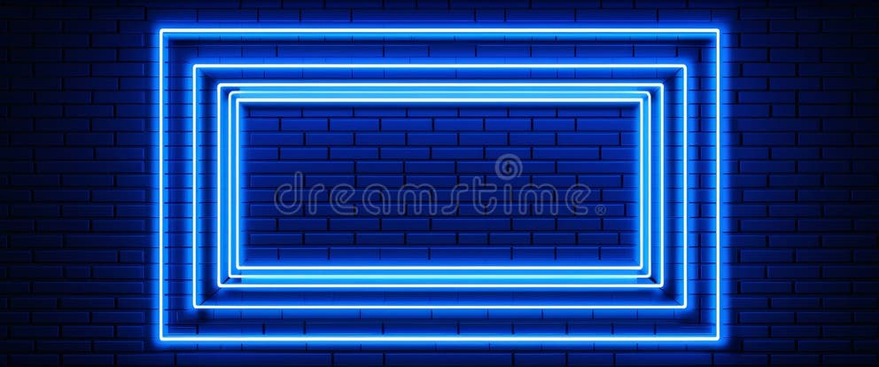 Blue Neon Rectangular Frame As Light Glowing Border on Wall Background ...