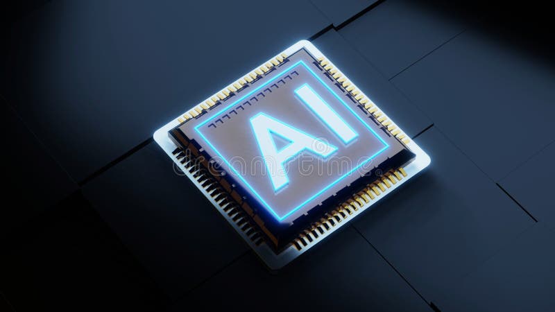 Blue Neon Sign on Computer Modern Chip 3d Render Stock Illustration ...