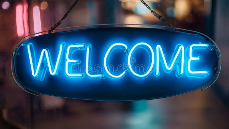 Blue Neon Welcome Sign Hanging at Night Stock Illustration ...