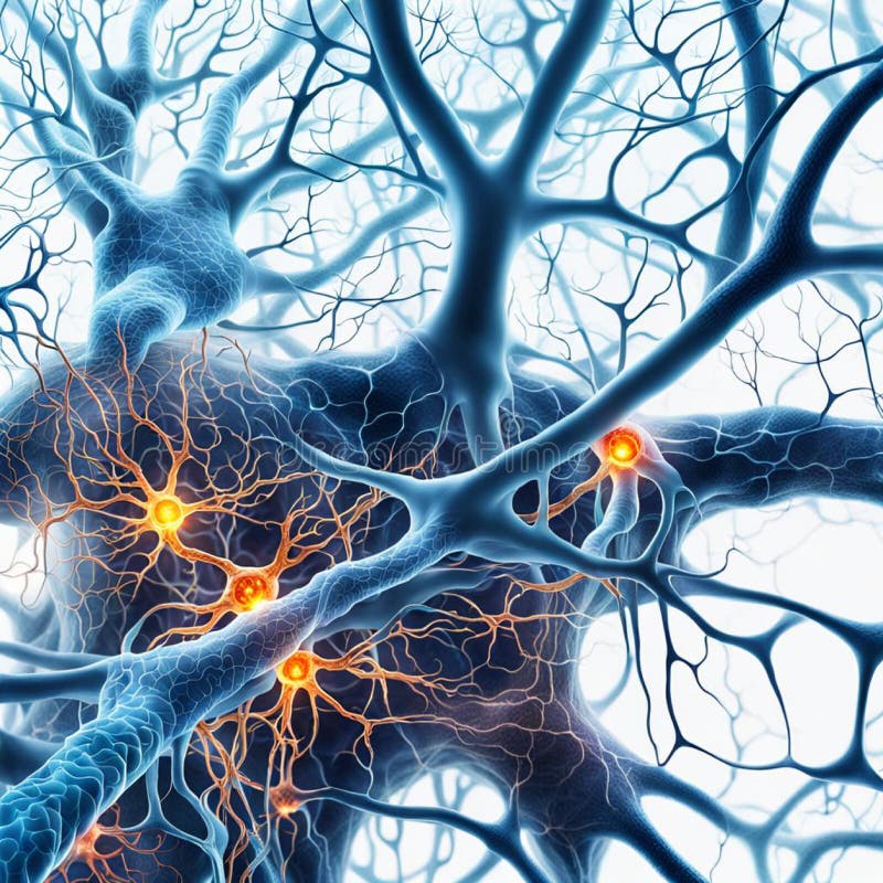 Blue Nerve Cells with Impulses on a White Background Stock Illustration ...